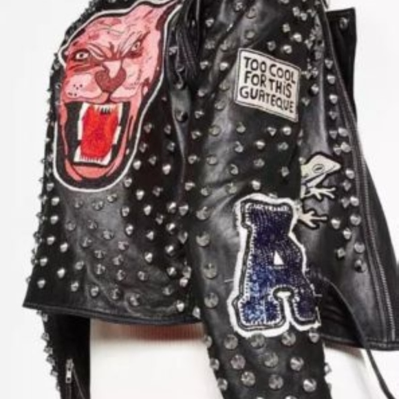 Zara | Jackets & Coats | Nwt Zara Leather Studded Patch Tiger Moto ...